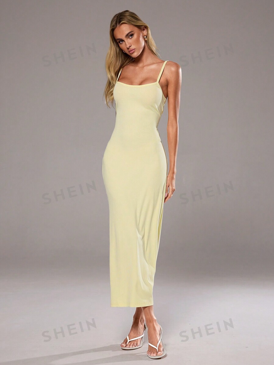 SHEIN Aloruh Women's Yellow Basic Spaghetti Strap Backless Dress | SHEIN USA