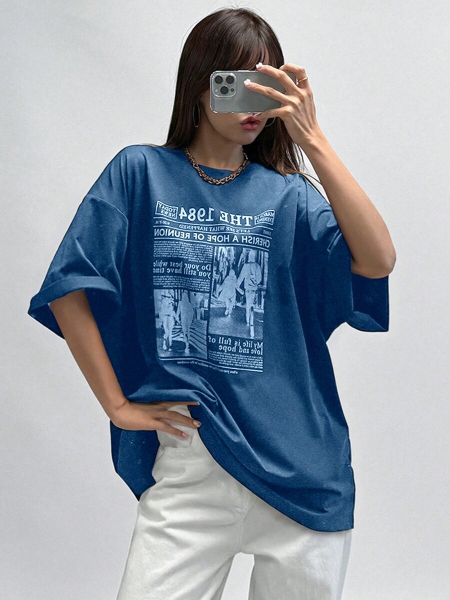 DAZY Women's Summer Casual Casual T-Shirt With Slogan Print, Round Neckline And Drop Shoulder ...