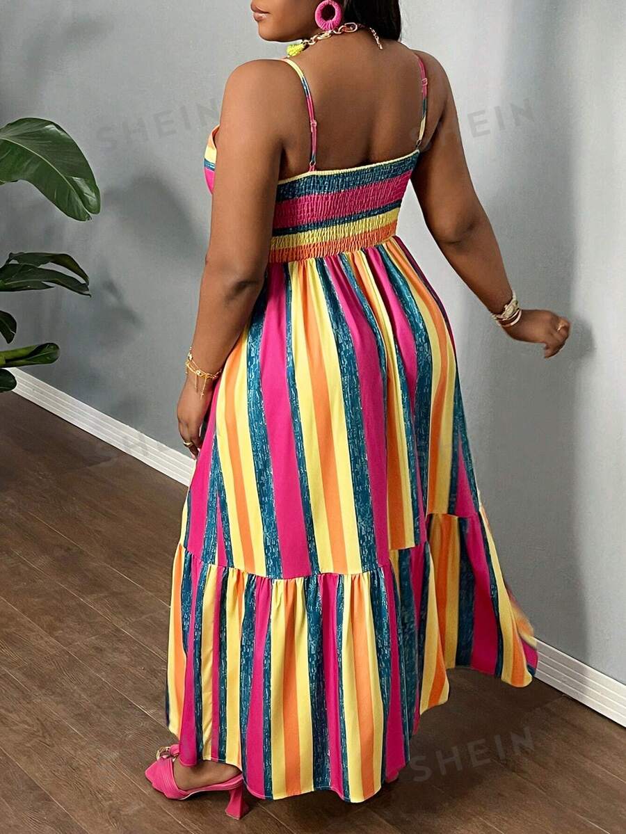 SHEIN Slayr Plus Size Colorful Striped Pattern Long Dress For Women ...