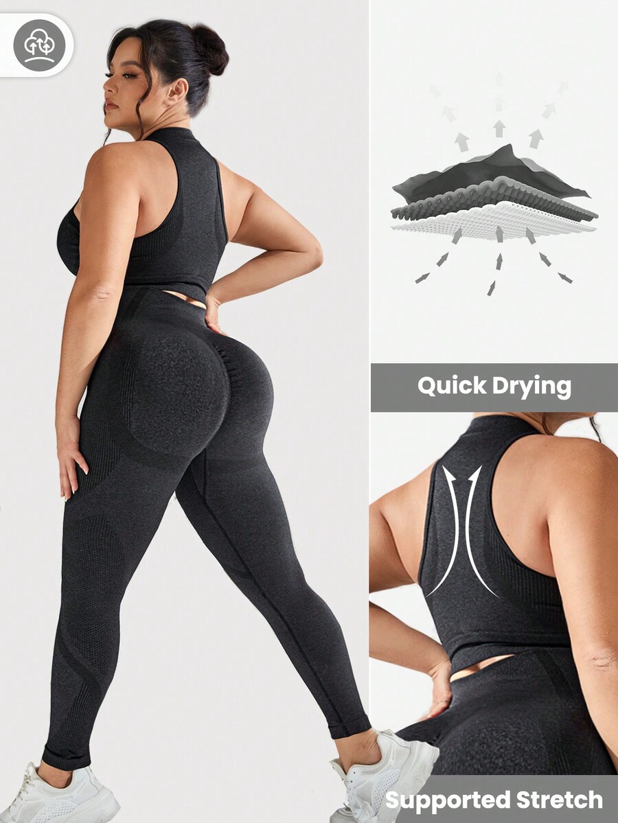 SHEIN Sport Gameset Plus Size Women's Simple Seamless Solid Color Sportswear Set | SHEIN USA