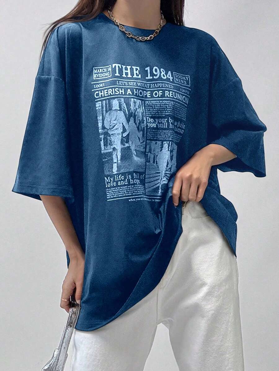 DAZY Women's Summer Casual Casual T-Shirt With Slogan Print, Round Neckline And Drop Shoulder ...