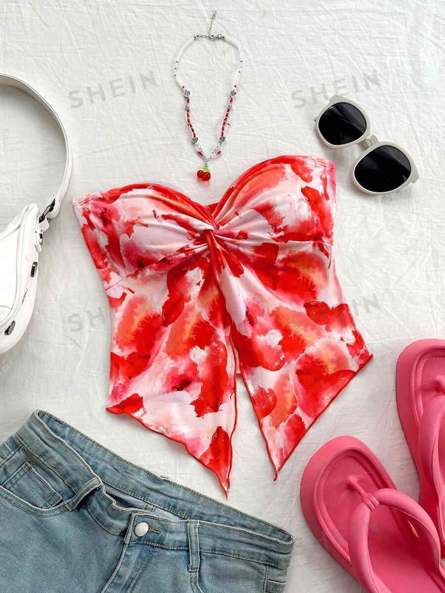 SHEIN WYWH Women's Red Tie Dye Abstract Floral Strapless Top With Front ...