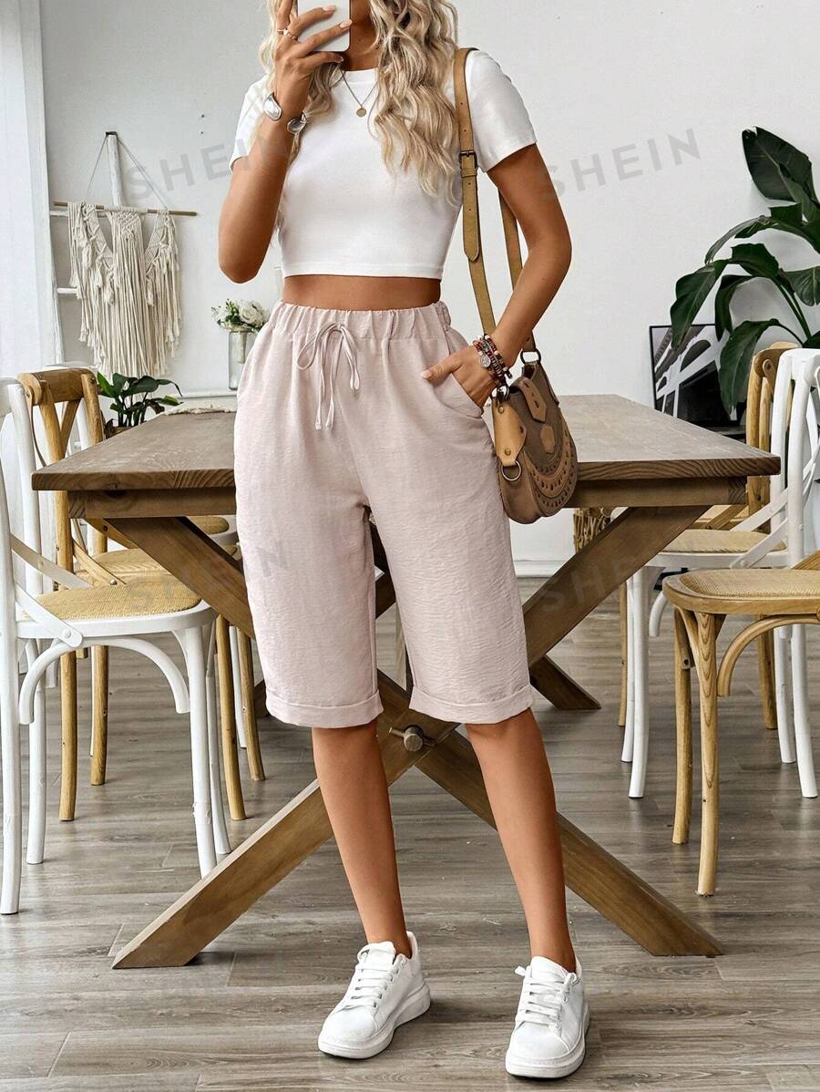 SHEIN LUNE Elastic Waist Imitation Linen Texture Summer 5-Inch Casual ...
