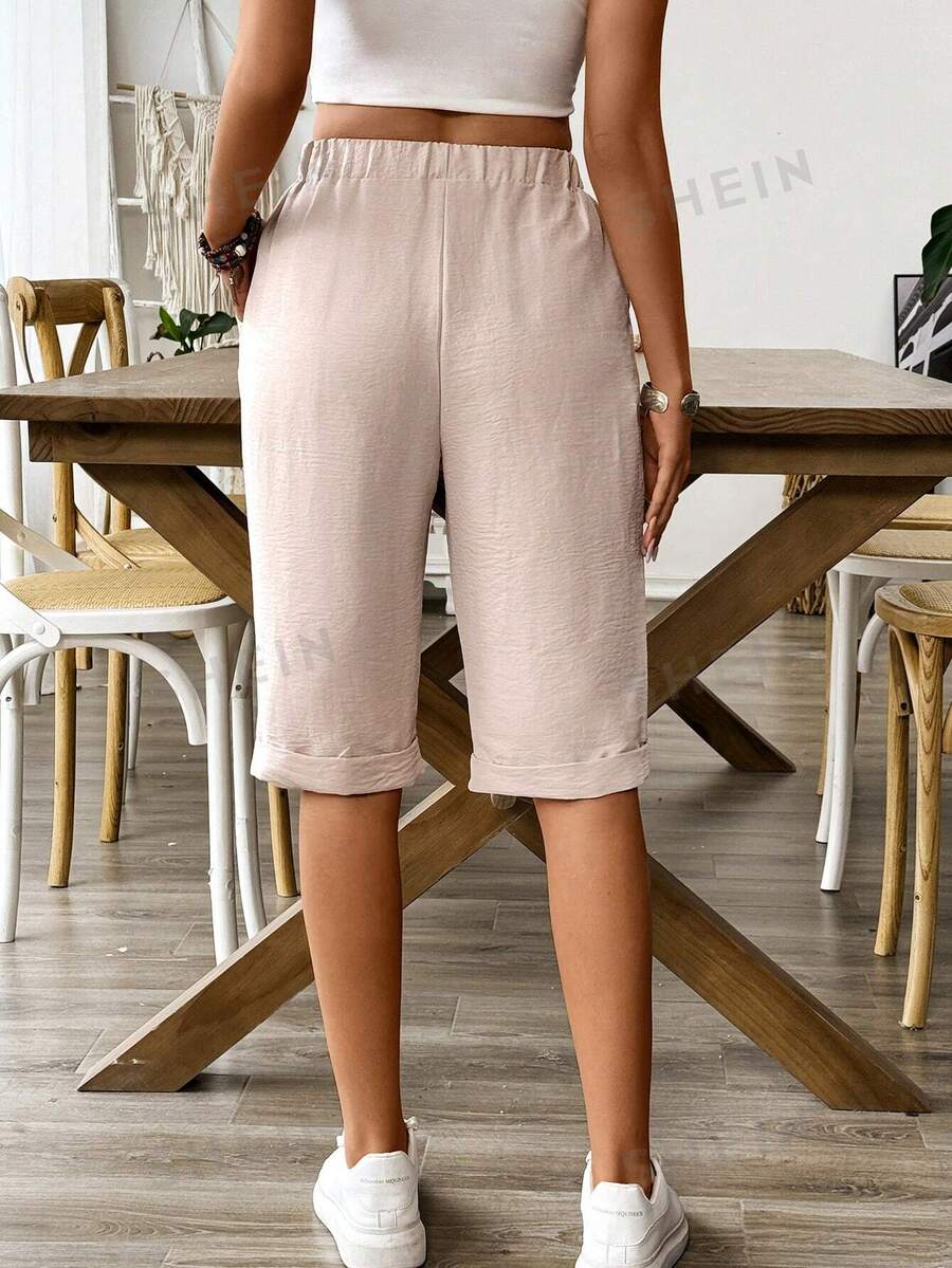 SHEIN LUNE Elastic Waist Imitation Linen Texture Summer 5-Inch Casual ...