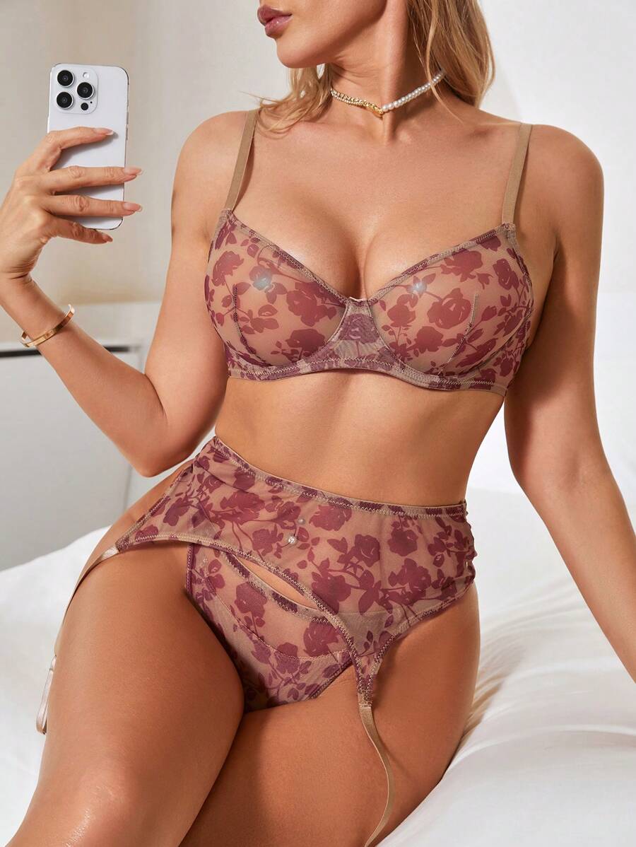 Women's Floral Print Mesh Splice Bra Set With Thong And Garter Belt, Sexy Lingerie | SHEIN USA
