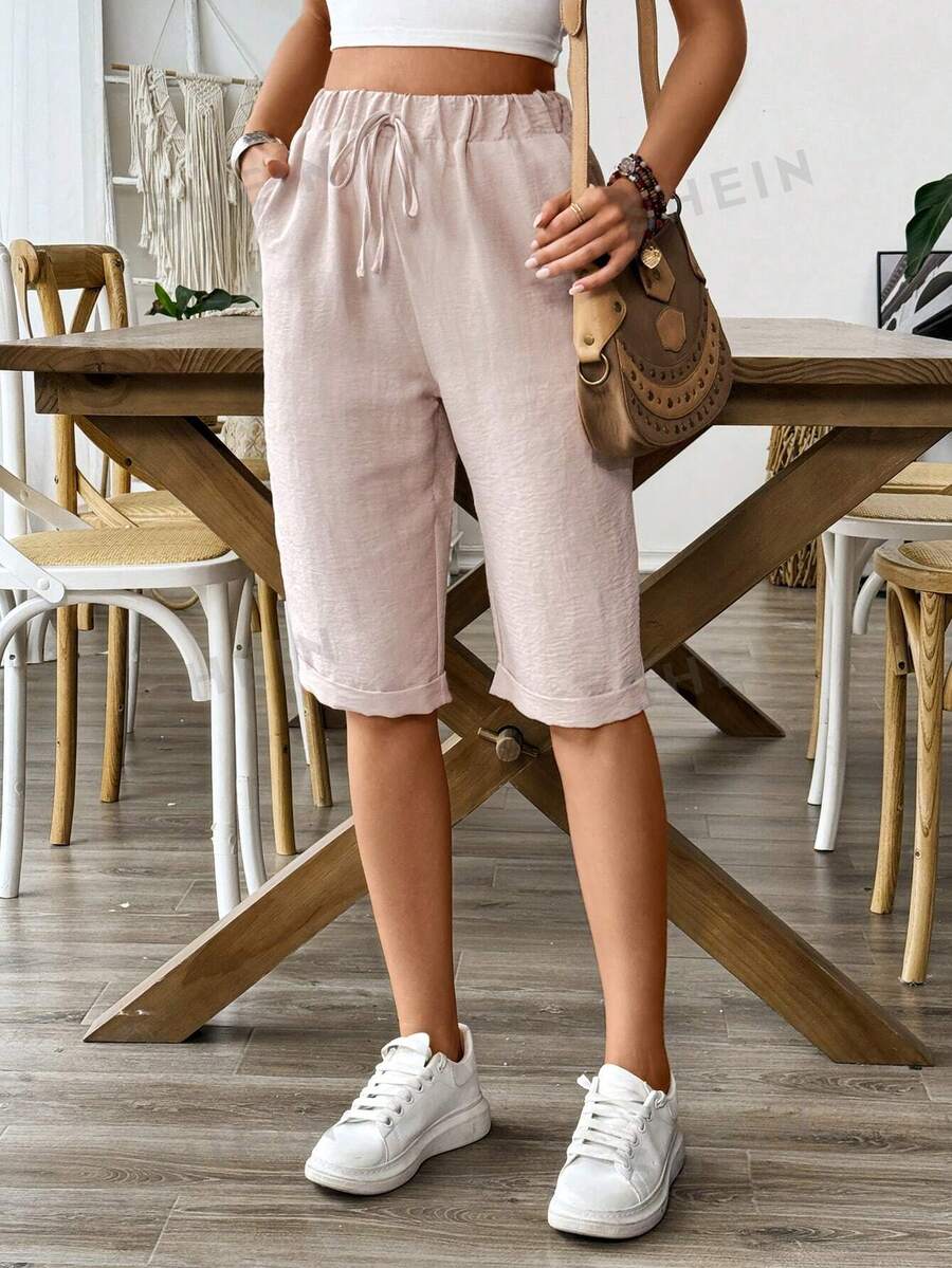 SHEIN LUNE Elastic Waist Imitation Linen Texture Summer 5-Inch Casual ...
