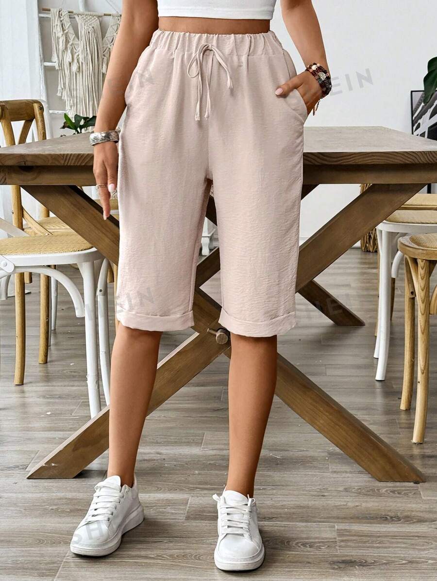 SHEIN LUNE Elastic Waist Imitation Linen Texture Summer 5-Inch Casual ...