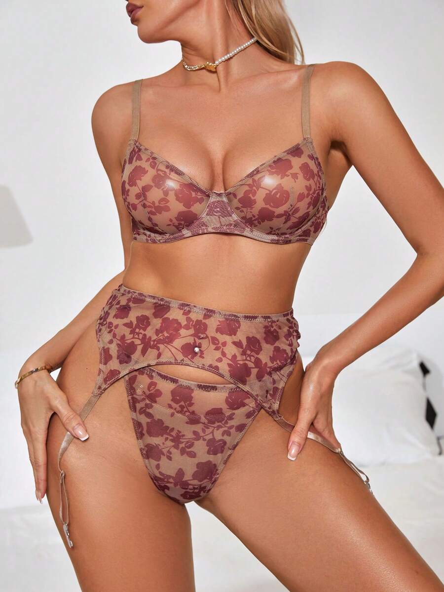 Women's Floral Print Mesh Splice Bra Set With Thong And Garter Belt, Sexy Lingerie | SHEIN USA