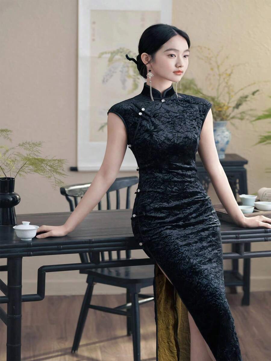 Elegant Chinese Style Women's Long Short Sleeve Cheongsam Dress for ...