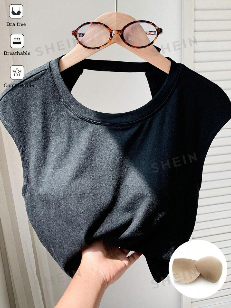 SHEIN EZwear Top corto de verano para mujer con manga corta y espalda retorcida de un solo color ...