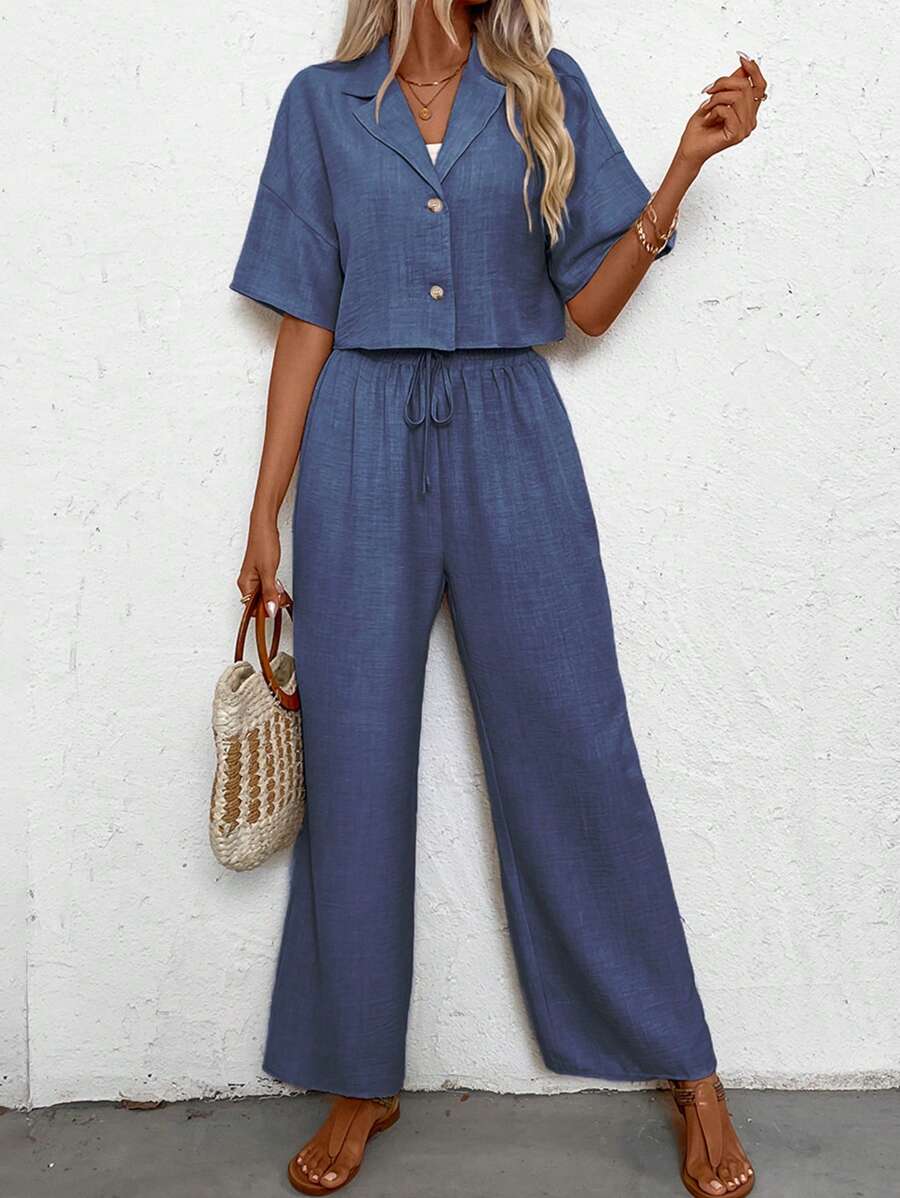 SHEIN LUNE Women's Linen Short Sleeve Shirt And Pants Set For Vacation ...