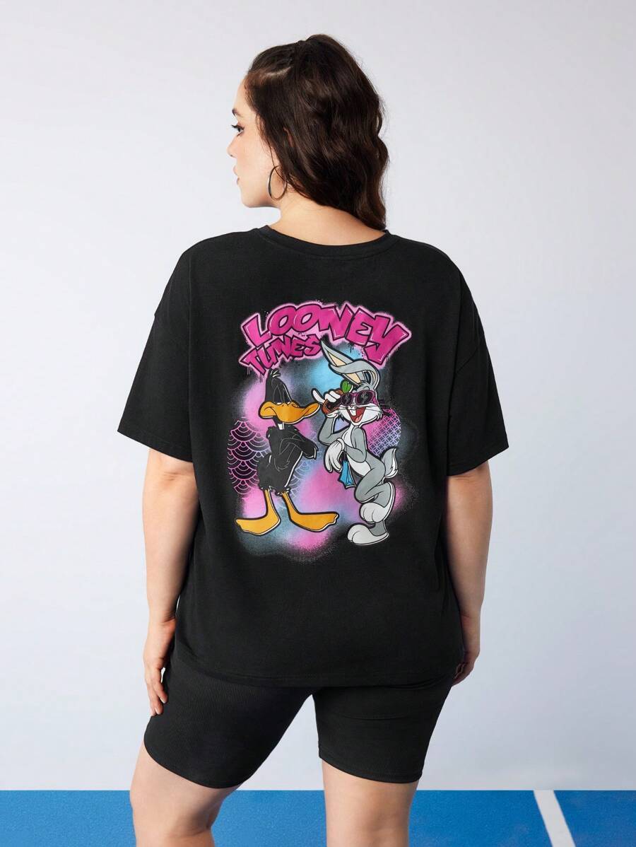 LOONEY TUNES X SHEIN Plus Size Summer Casual Stylish Streetwear Black ... LOONEY TUNES X SHEIN Plus Size Summer Casual Stylish Streetwear Black ...