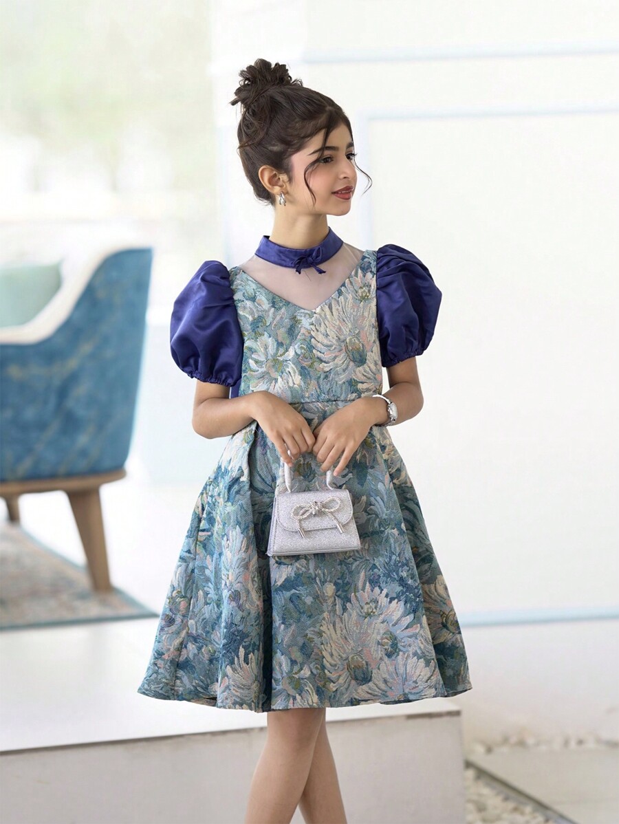 Tween Girl Graduation Party Short Sleeve Jacquard Woven Dress For ...