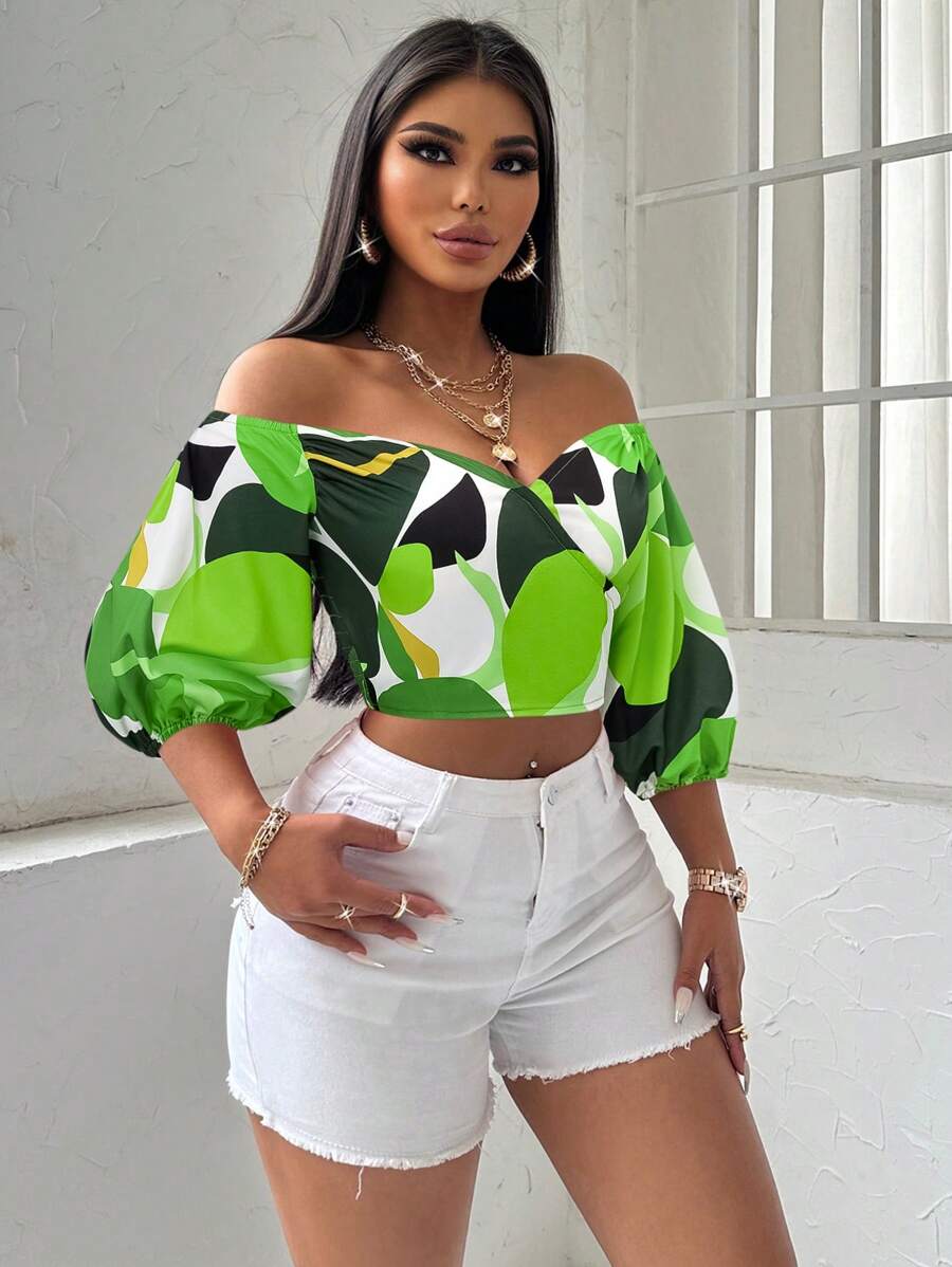 SHEIN SXY Floral Print Off-Shoulder Puff Sleeve Geometric Shirred Crop Top (Random Pattern ...