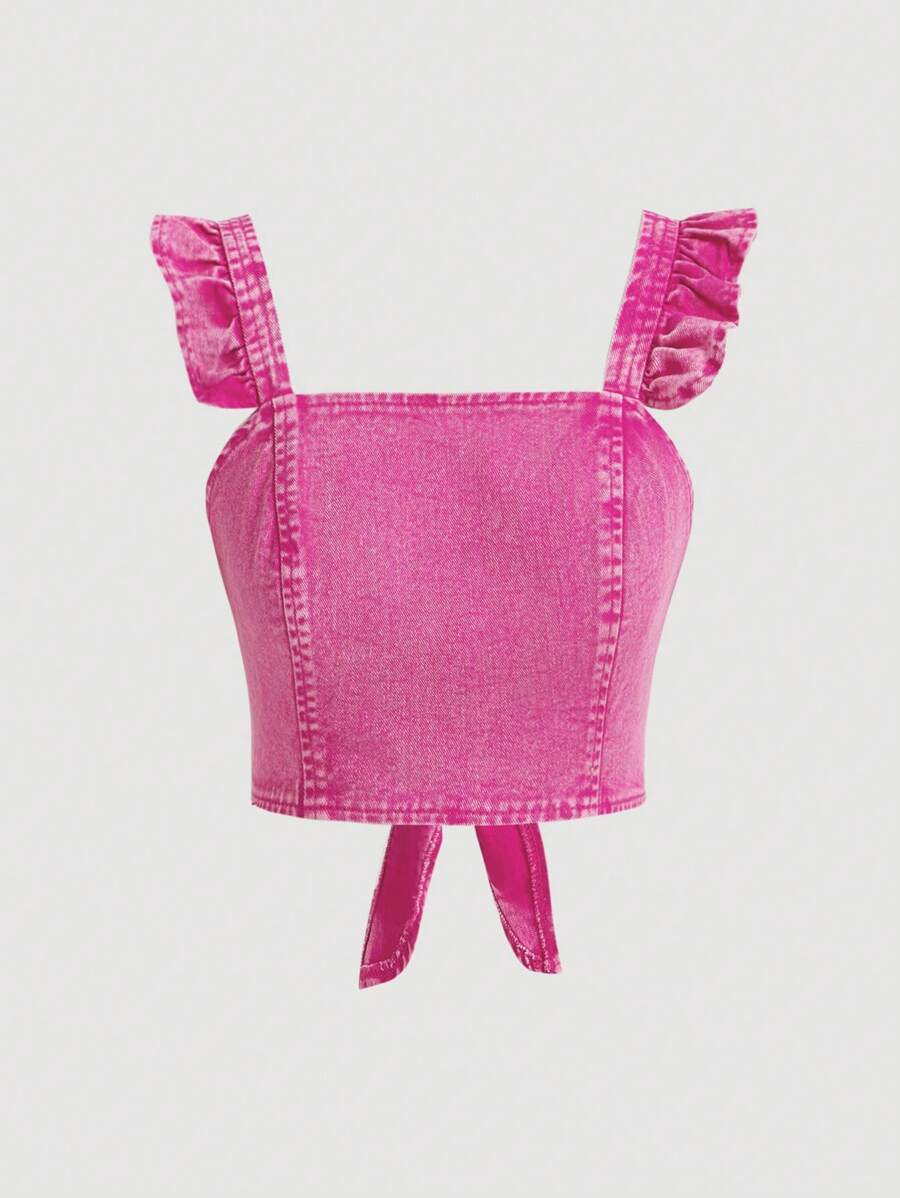 SHEIN MOD Ladies' Vintage Tie-Dye Pink Denim Crop Top, Made Of 100% ...