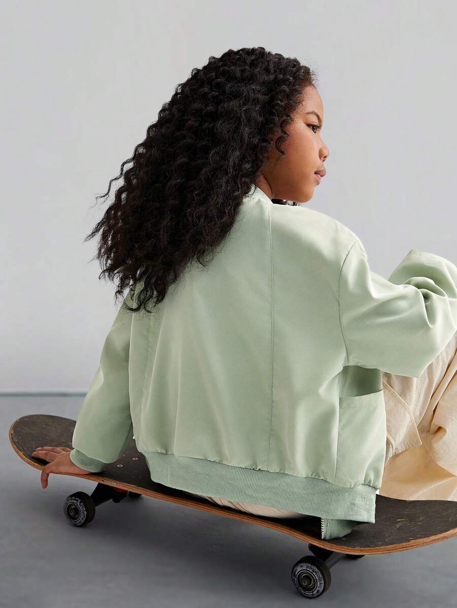 JNSQ Tween Girl Woven Solid Color Baseball Jacket With Loose Fit And ...