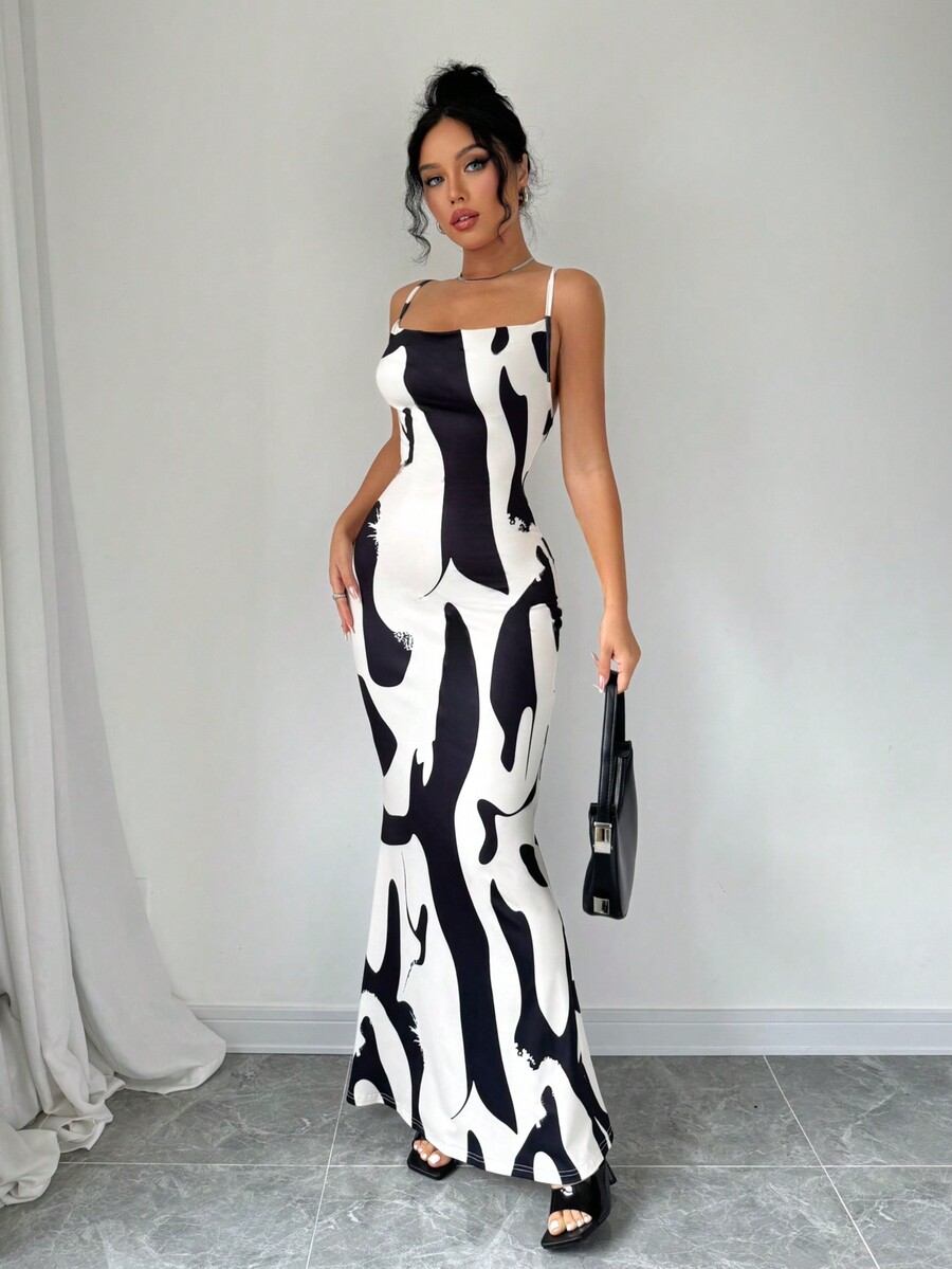 Elenzga Women's Printed Draped Neck Extra Long Cami Dress Maxi Women ...