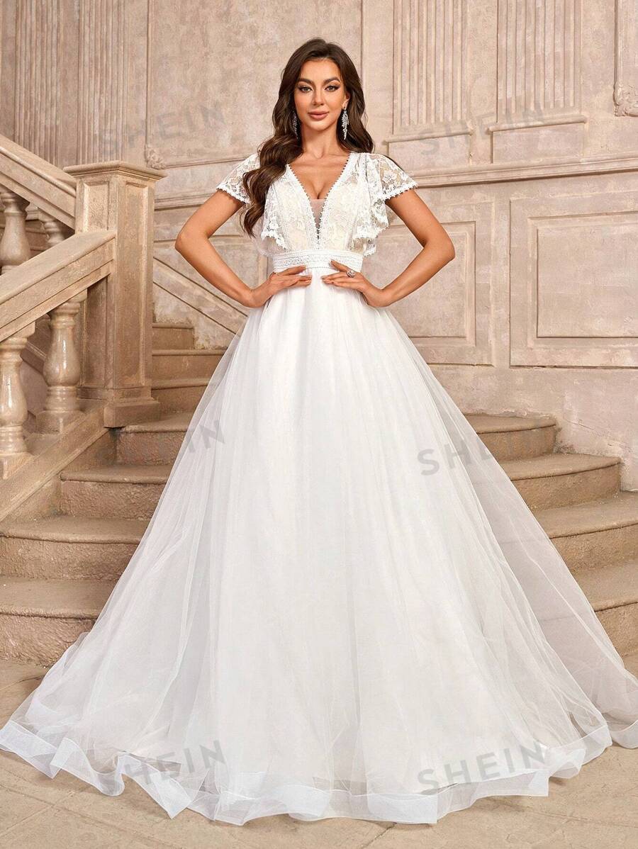 SHEIN Belle Elegant And Gorgeous White French Lace And Mesh Pleats ...