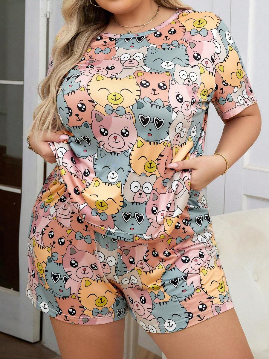 Plus Size Women's Cute Cat Printed Short Sleeve Shorts Pajama Set ...