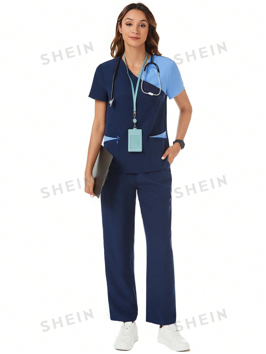 SHEIN TaskFit Women's Navy And Blue Nurse Uniform Set, Includes 2 ...