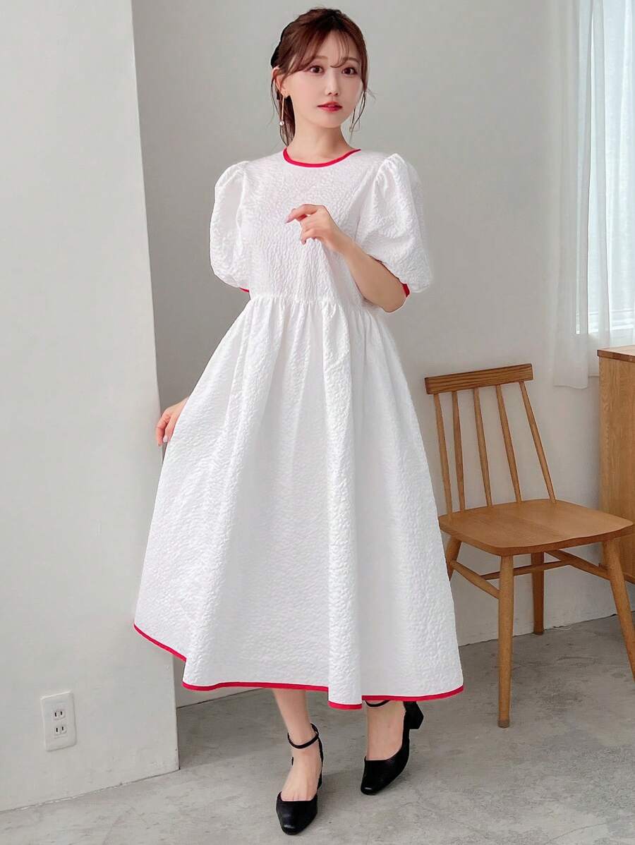 FRIFUL Women's Summer Elegant Puff Sleeve Dress With Contrast Trim And ...