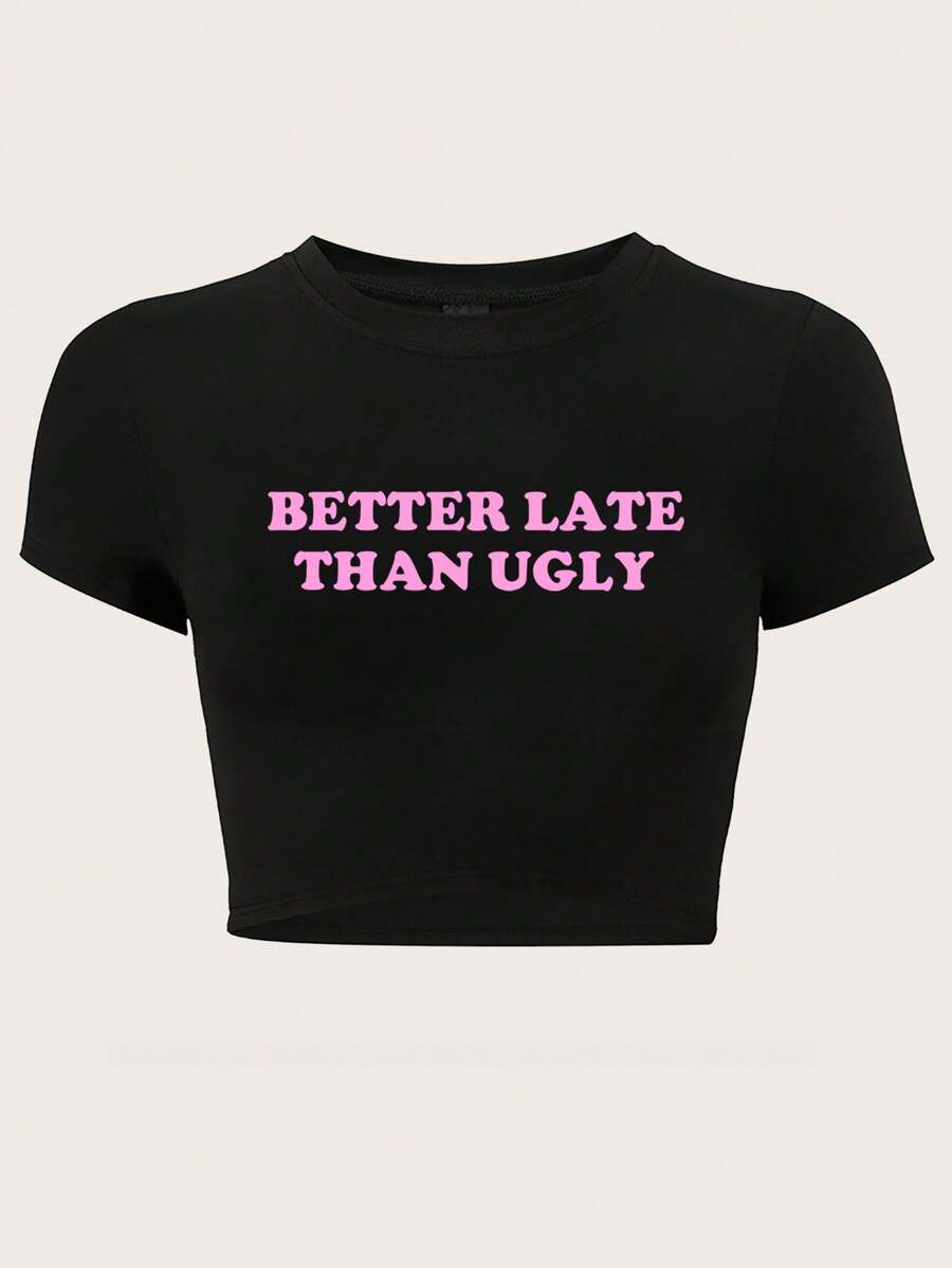SHEIN Unity Women's Y2K Pink Slogan Cropped T-Shirt, Summer BETTER LATE ...