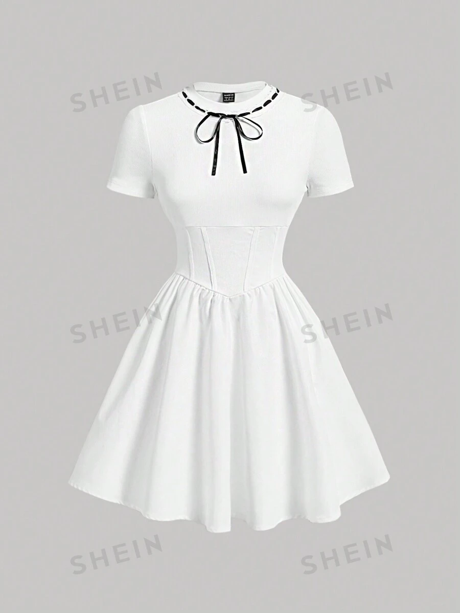 SHEIN MOD White Ballet Style Fishtail Crop Dress With Color Block And ...