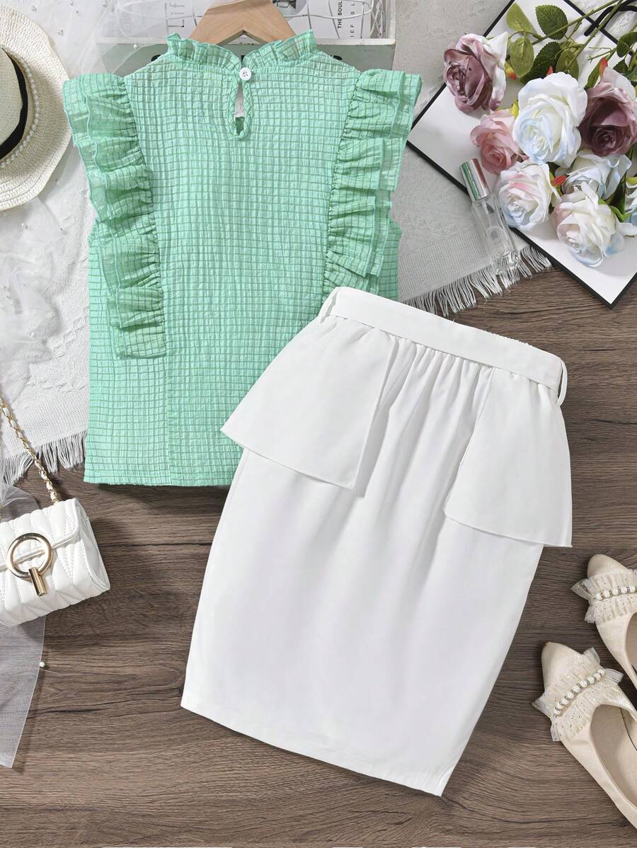 SHEIN Tween Girl Solid Color Minimalist Daily Wear Lace Trim Shirt ...