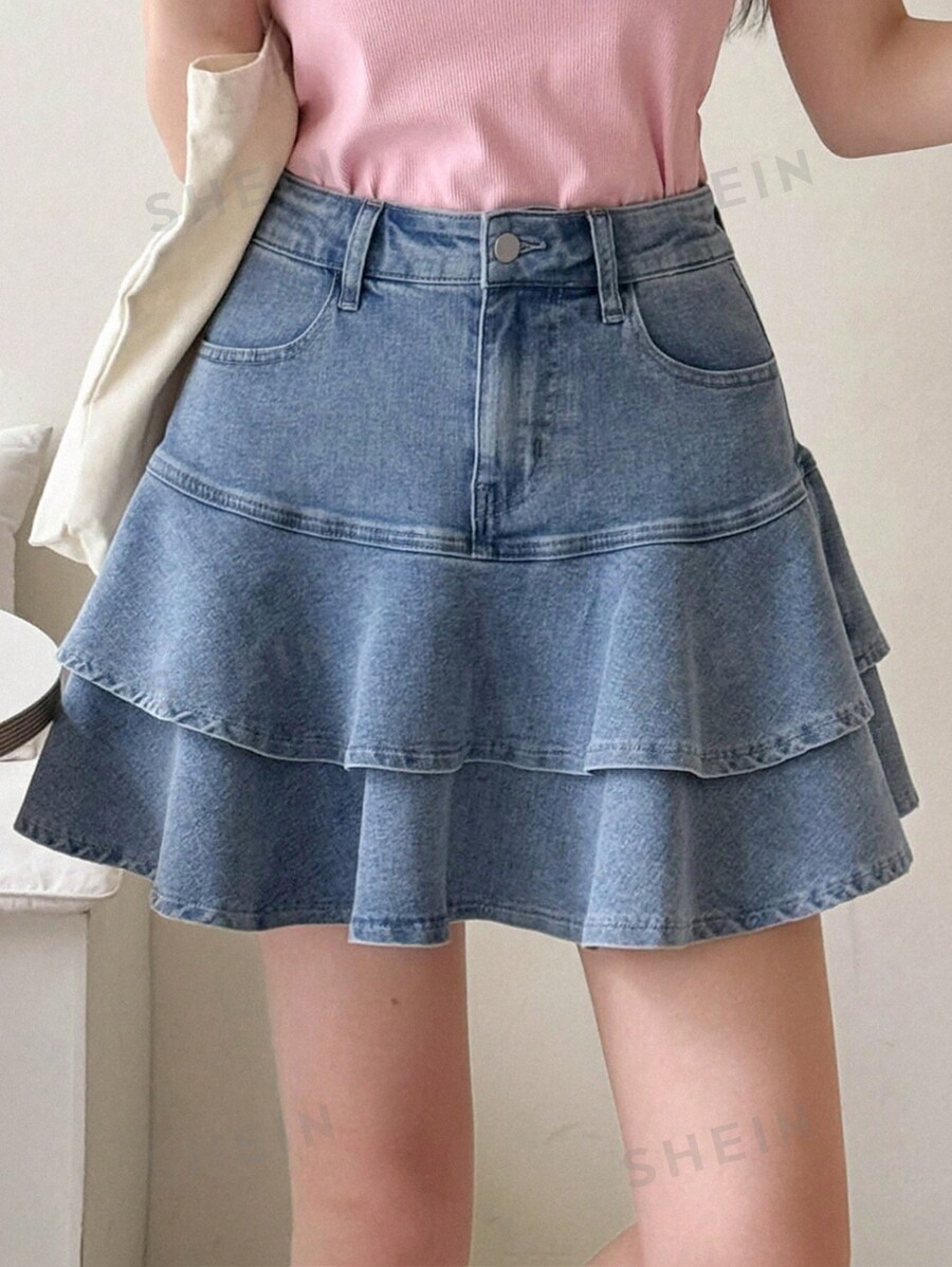 DAZY Women's Double Layer Ruffle Hem Denim Skirt | SHEIN USA