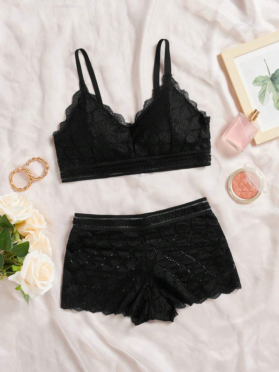 Lace Patchwork Scallop Edge Solid Color Bra And Panties Underwear Set ...