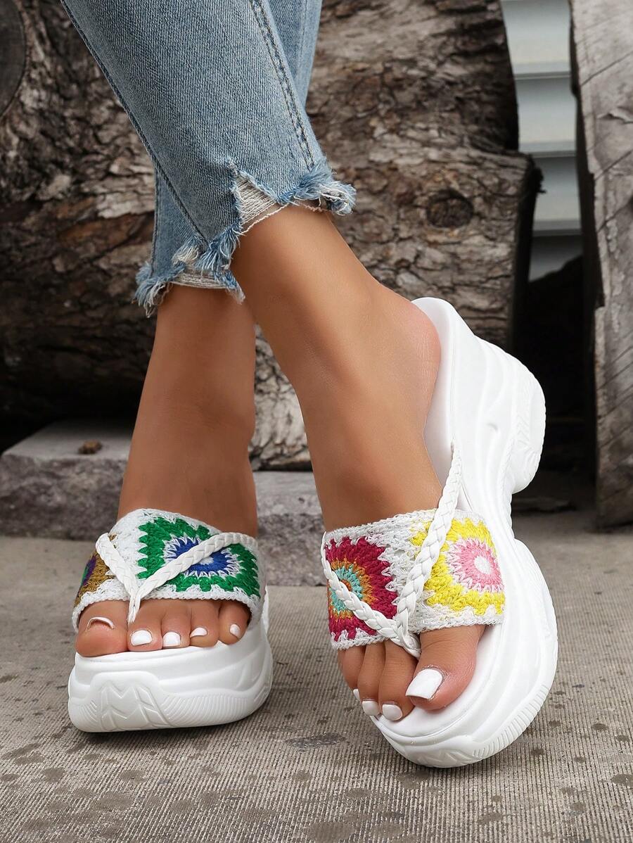 Women's Plaid Granny Square Toe Wedge Sandals, Fashionable Beach Style ...
