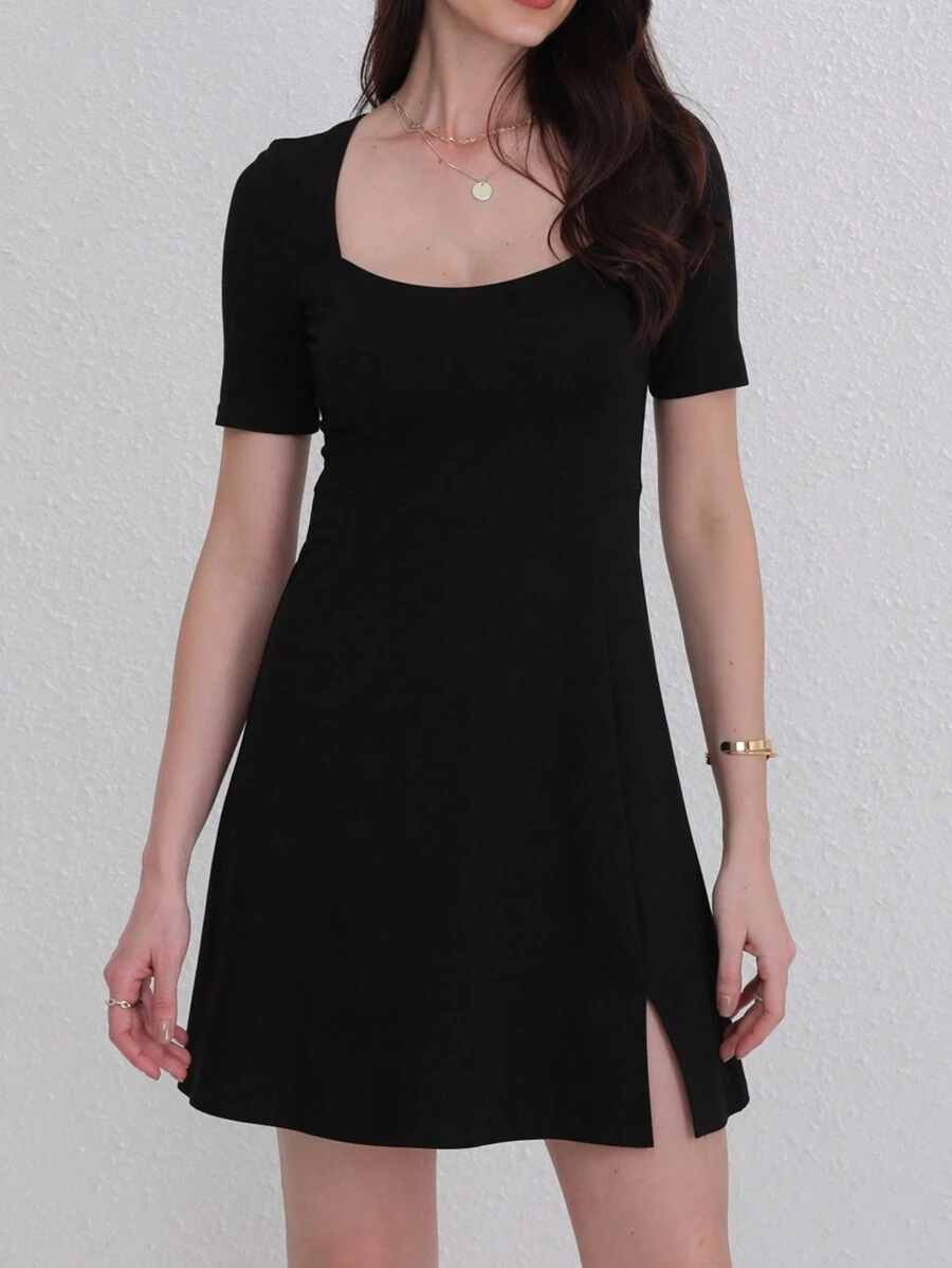 Women's Crop Sleeve Vintage Little Black Dress With Split Hem, Square ...