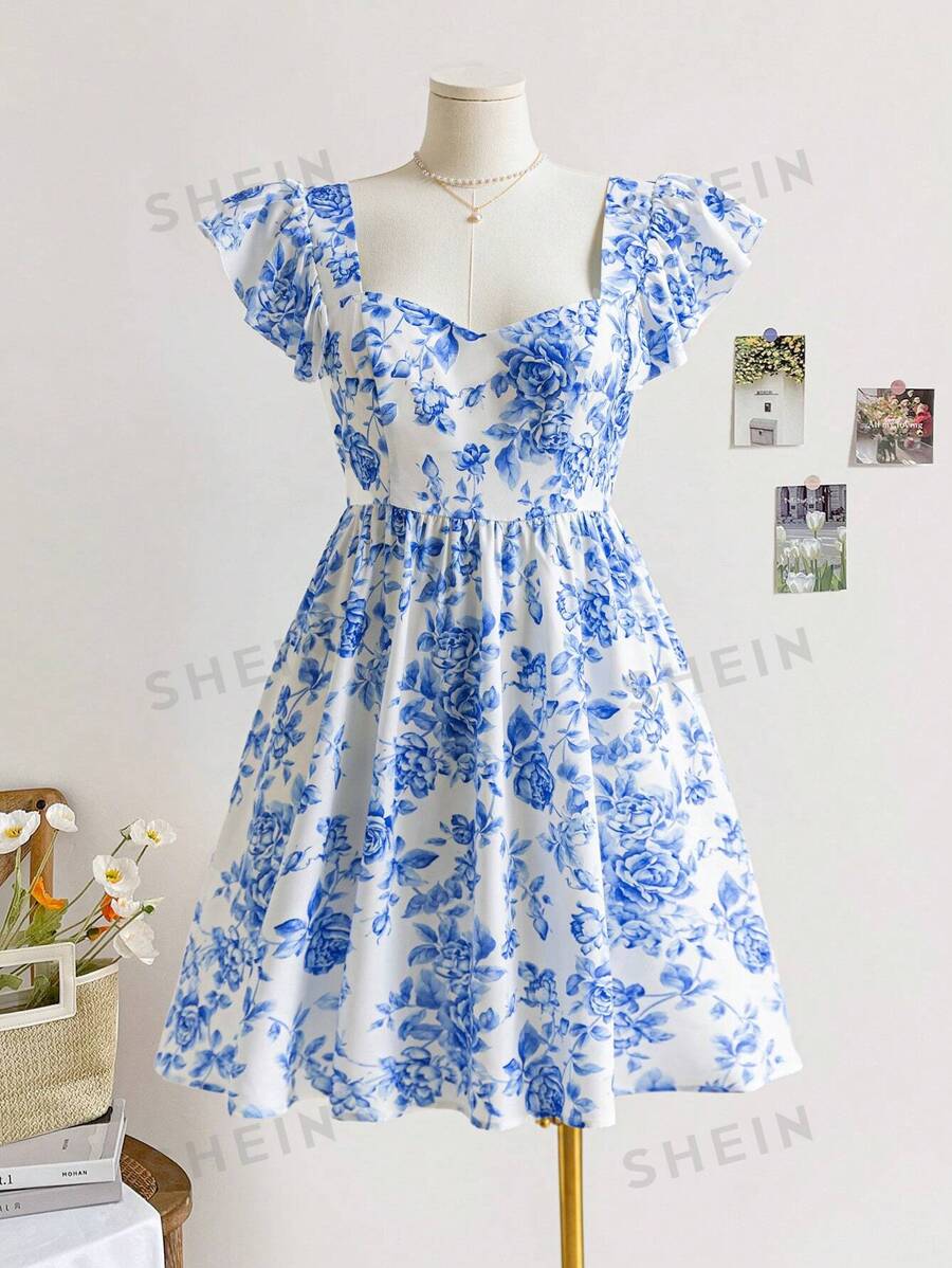 SHEIN WYWH Resort Style Blue And White Rose Print Plus Size Dress With ...