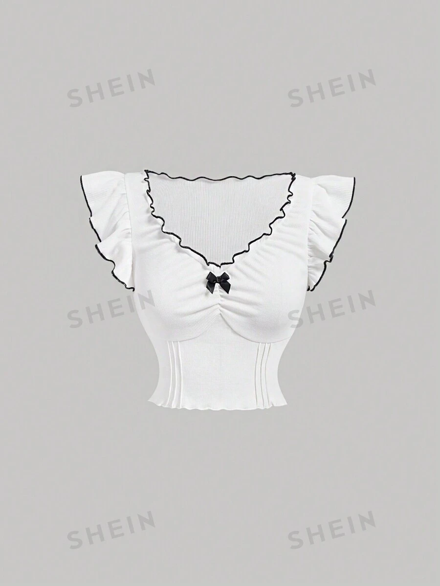 SHEIN MOD White Color Block Tee With Cute Bow And Flounced Hem, For ...
