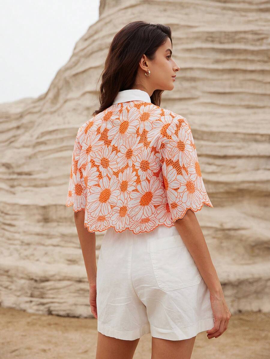 SHEIN Rosie Random Elegant Daisy Embroidery Hollow Out Shirt | SHEIN USA