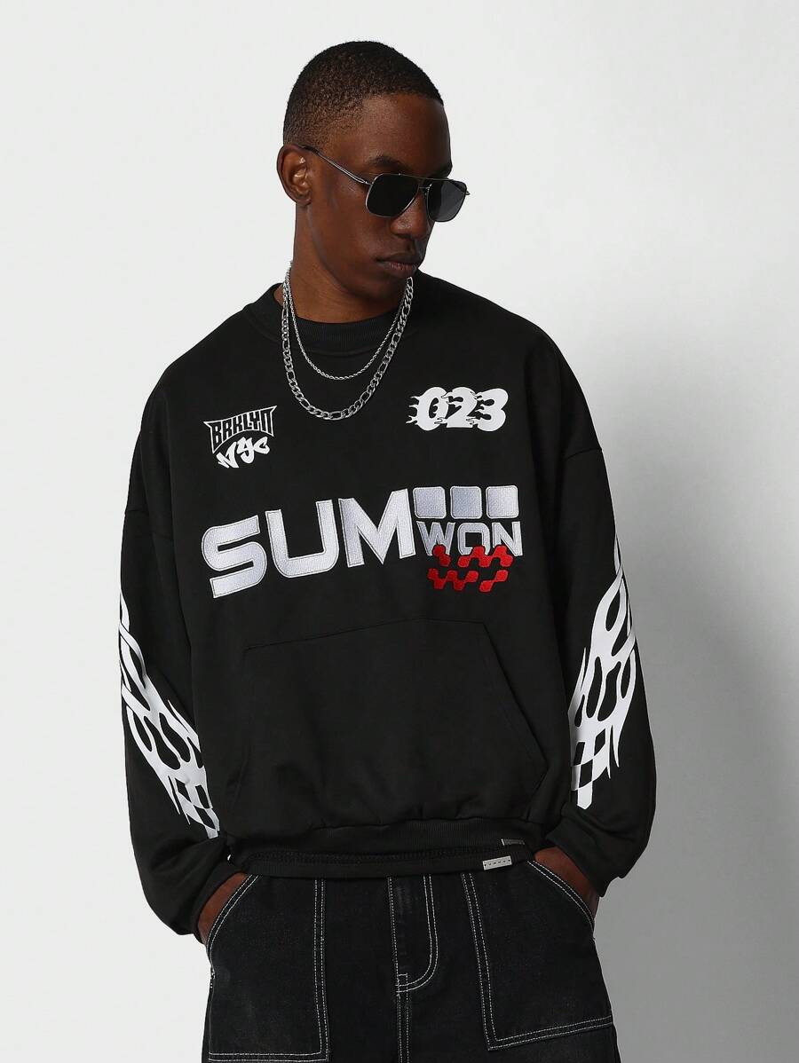 SUMWON Crew Neck Sweatshirt With Front Pocket Entry And Sleeve Flame ...
