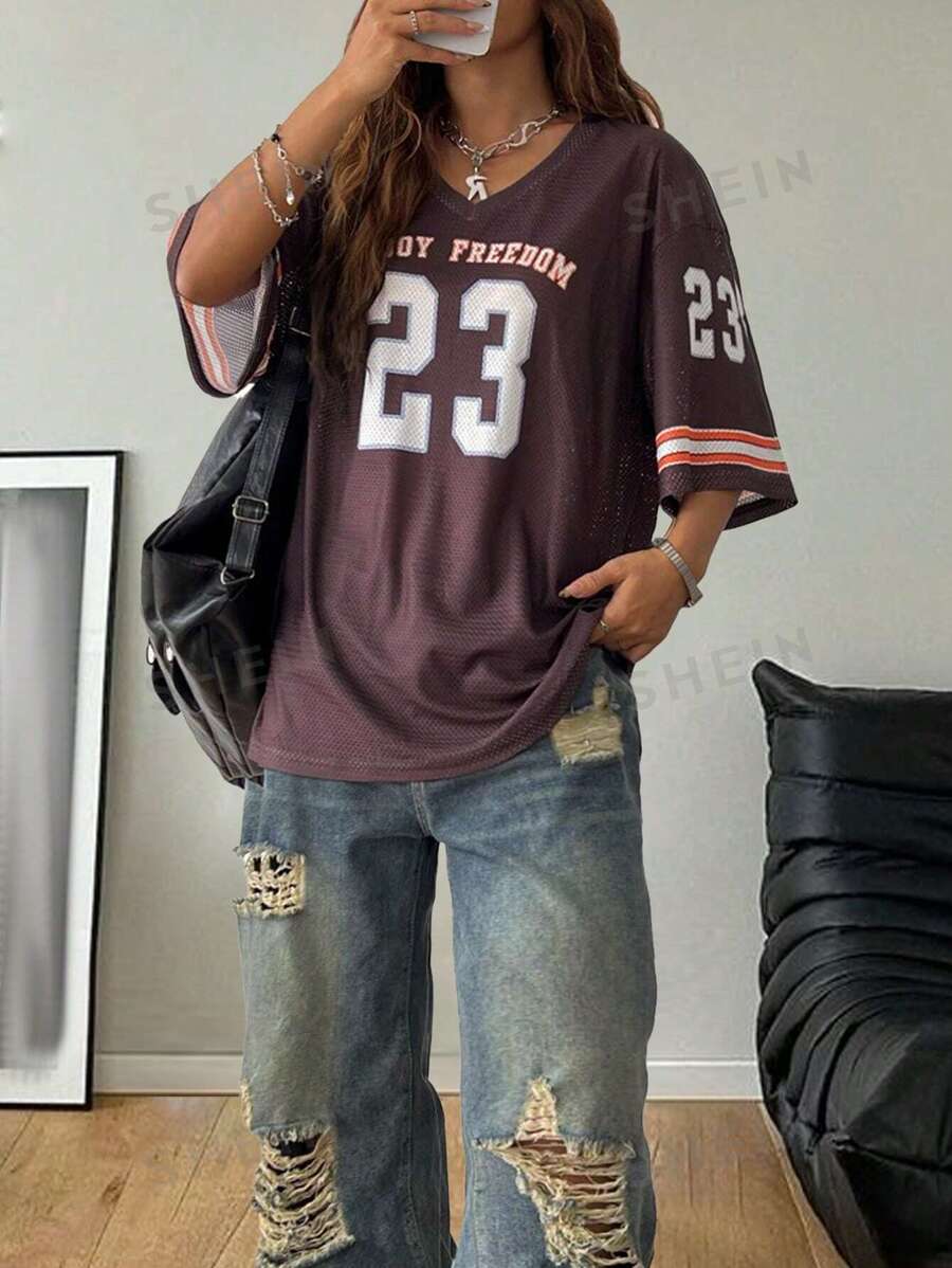 SHEIN Coolane Women's Summer Drop Shoulder V-Neck Football Jersey T ...