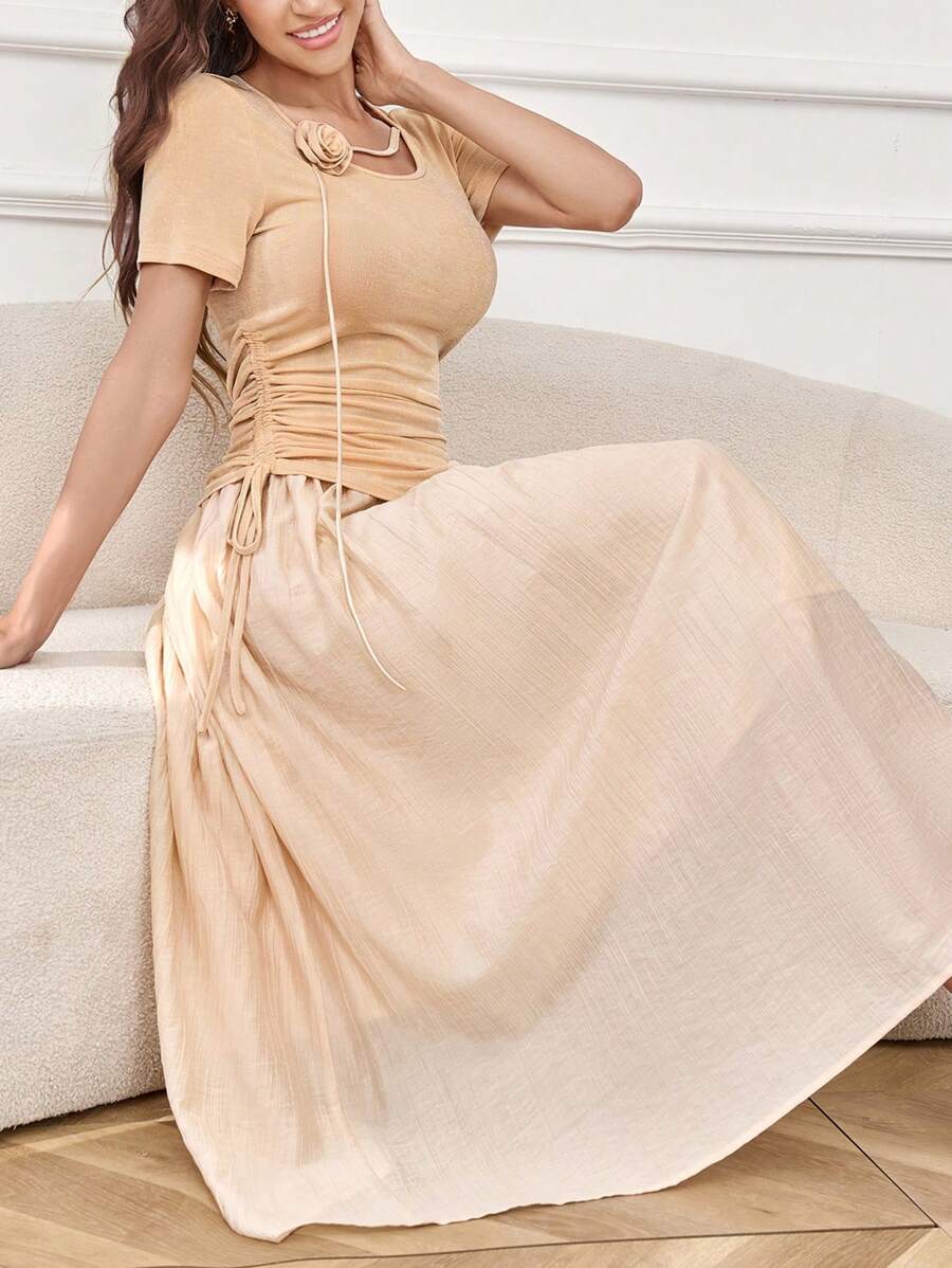 Mulvari Women's Solid Color Asymmetrical Neckline Pleated Short Sleeve ...