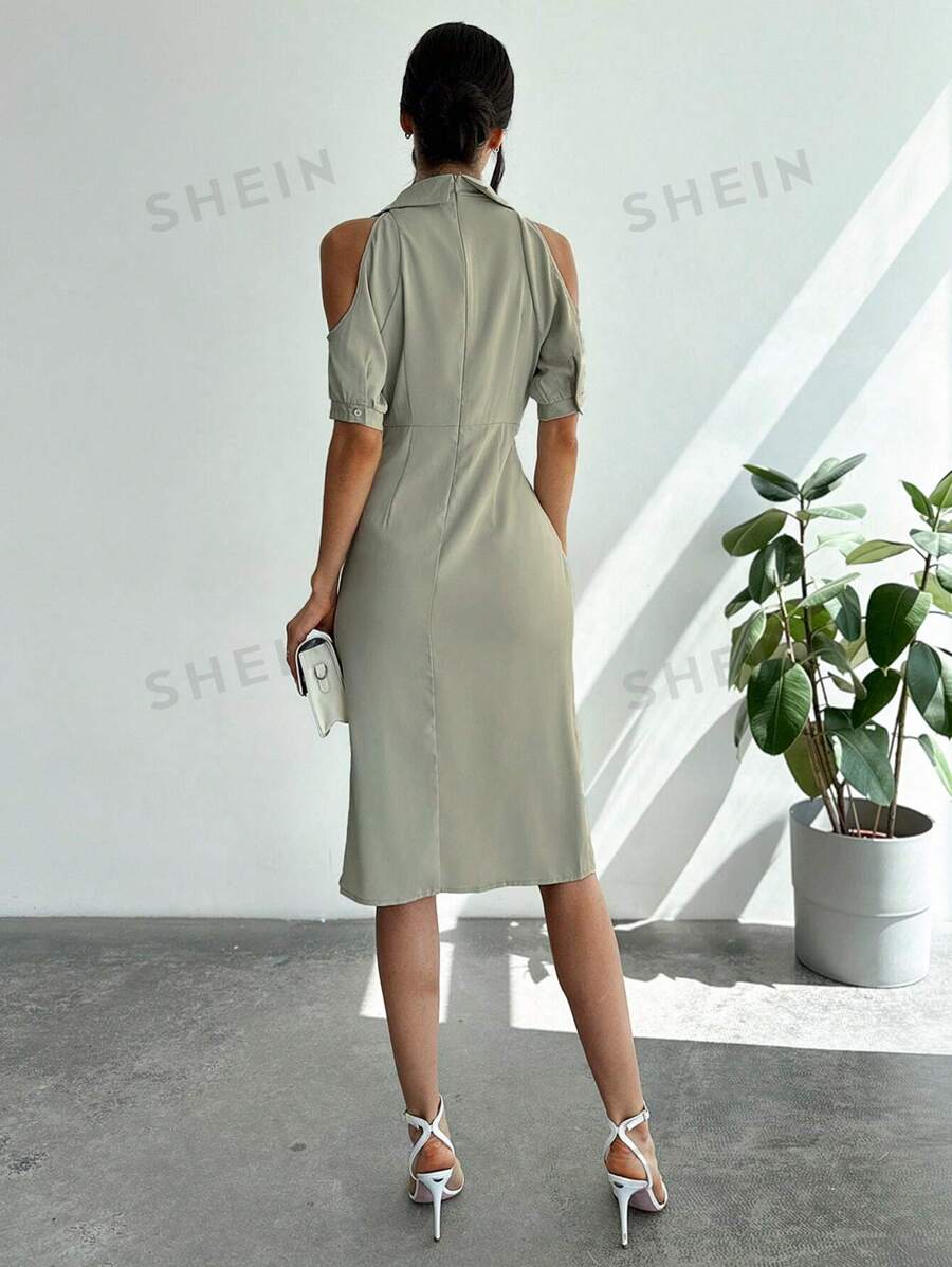SHEIN Privé Vestido largo elegante de oficina con escote en V, hombros ...