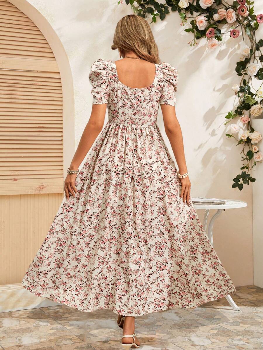 SHEIN VCAY Summer Vacation Floral Print Square Gigot Sleeves Knot Split ...