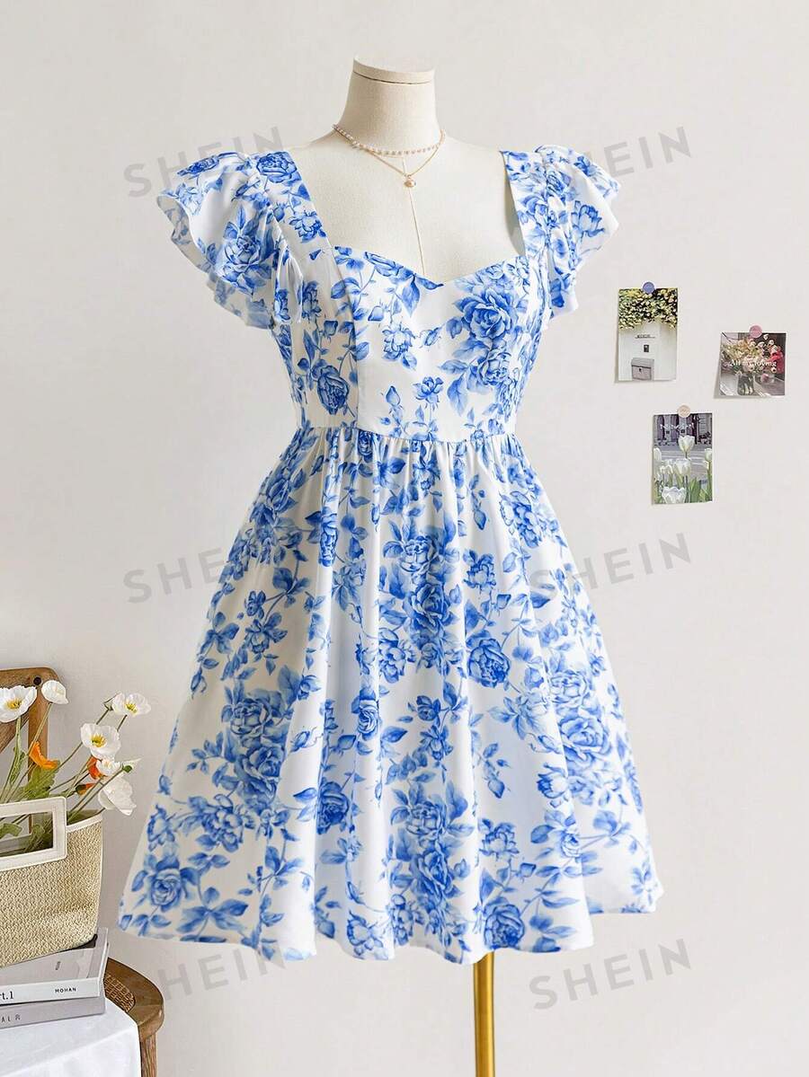 SHEIN WYWH Resort Style Blue And White Rose Print Plus Size Dress With ...