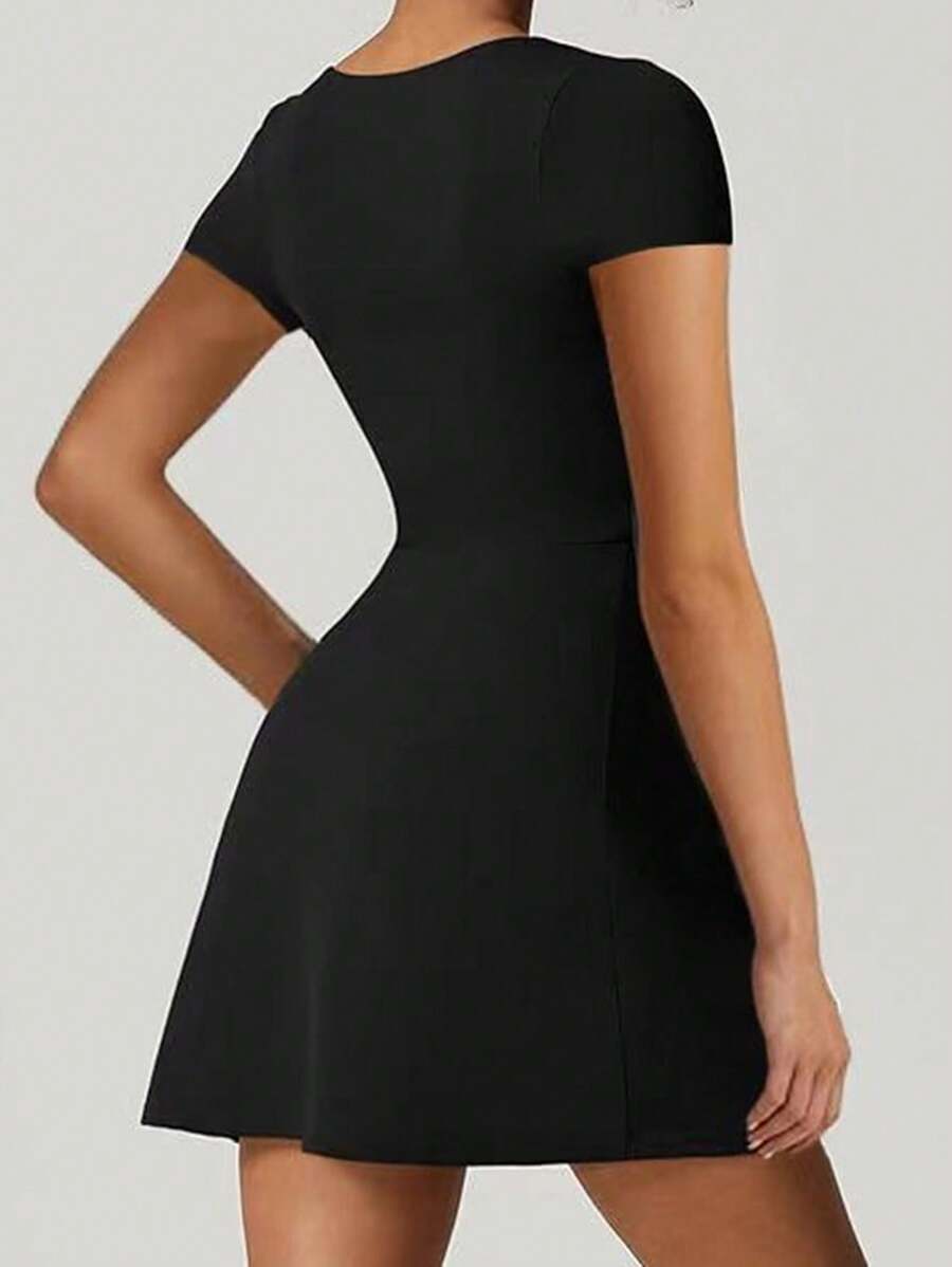 Women's Crop Sleeve Vintage Little Black Dress With Split Hem, Square ...