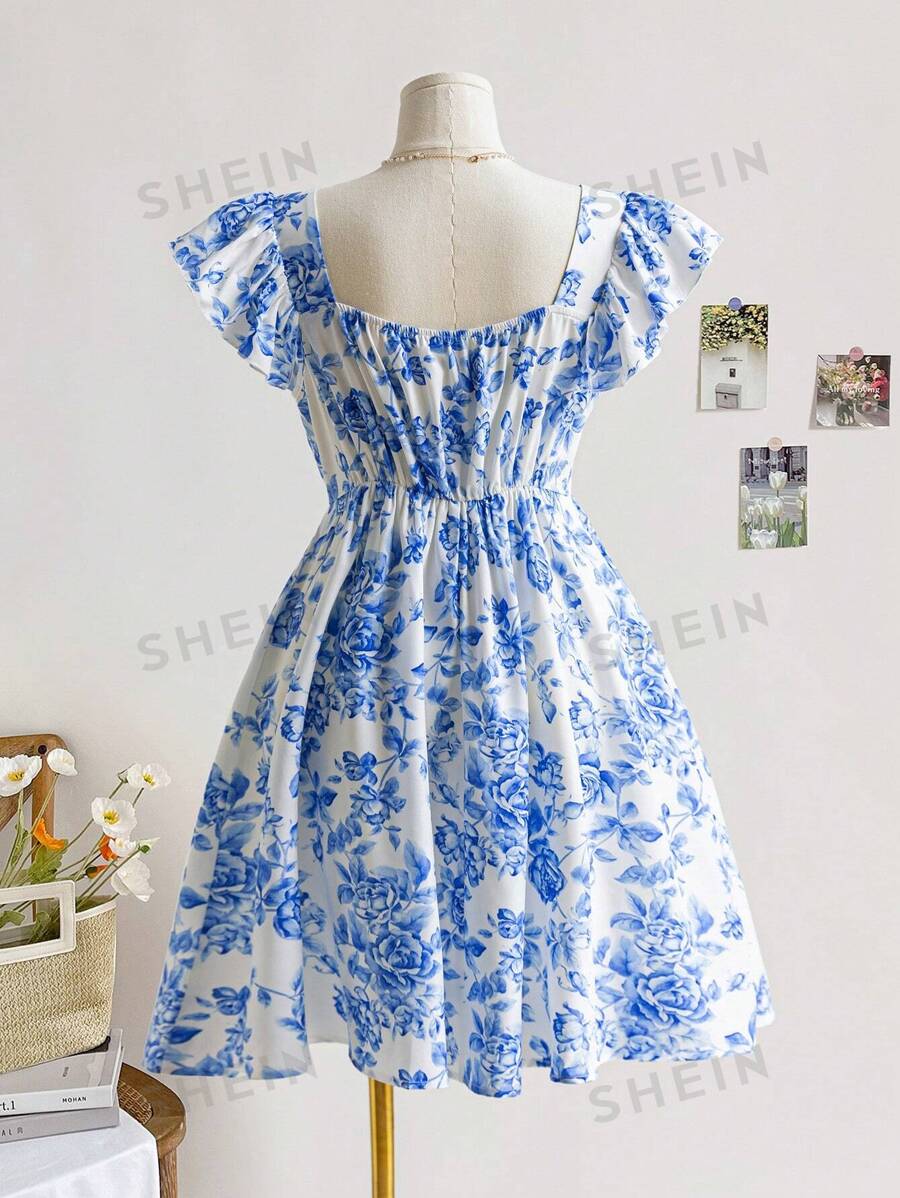 SHEIN WYWH Resort Style Blue And White Rose Print Plus Size Dress With ...