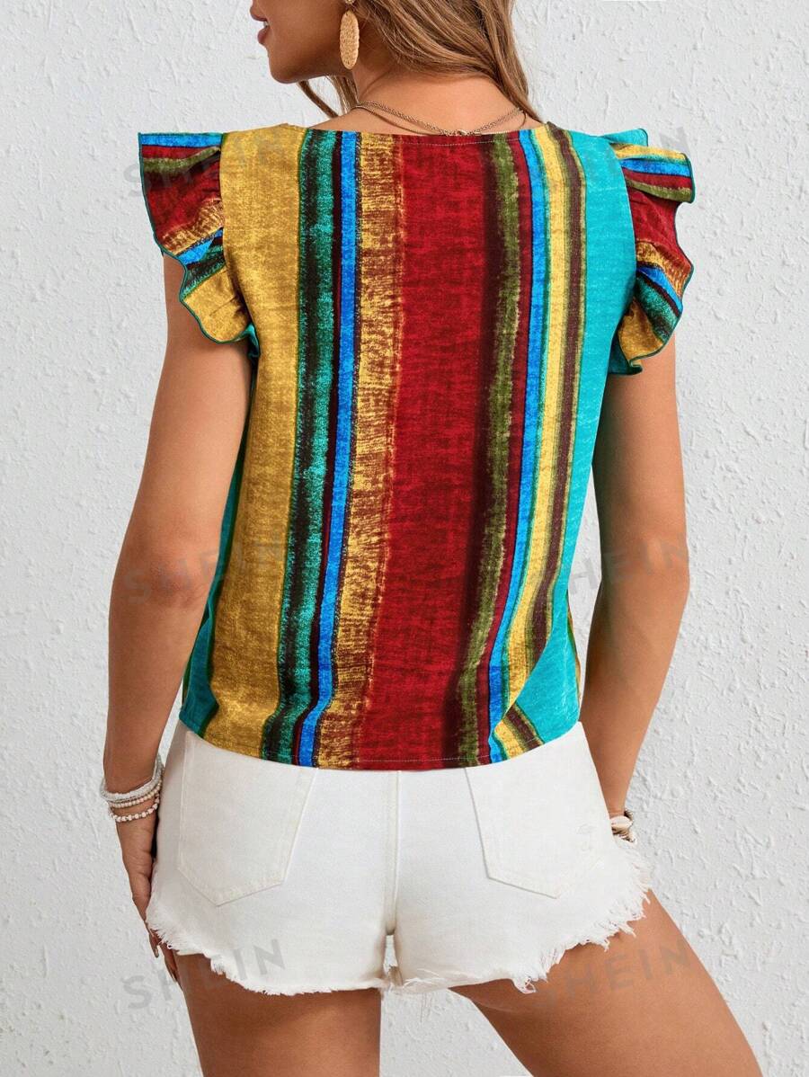 SHEIN VCAY Vacation Woven Colorful Striped Print Square Neckline Short ...