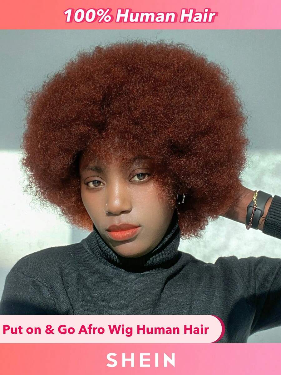 Afro Wig Human Hair Short Afro Kinky Curly Wig With Bangs Reddish Brown ...