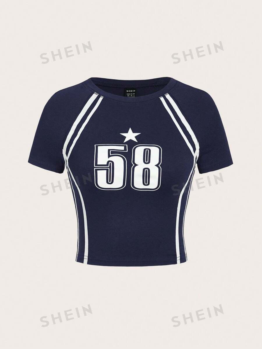 SHEIN EZwear Striped & Number Print Crop Tee | SHEIN USA