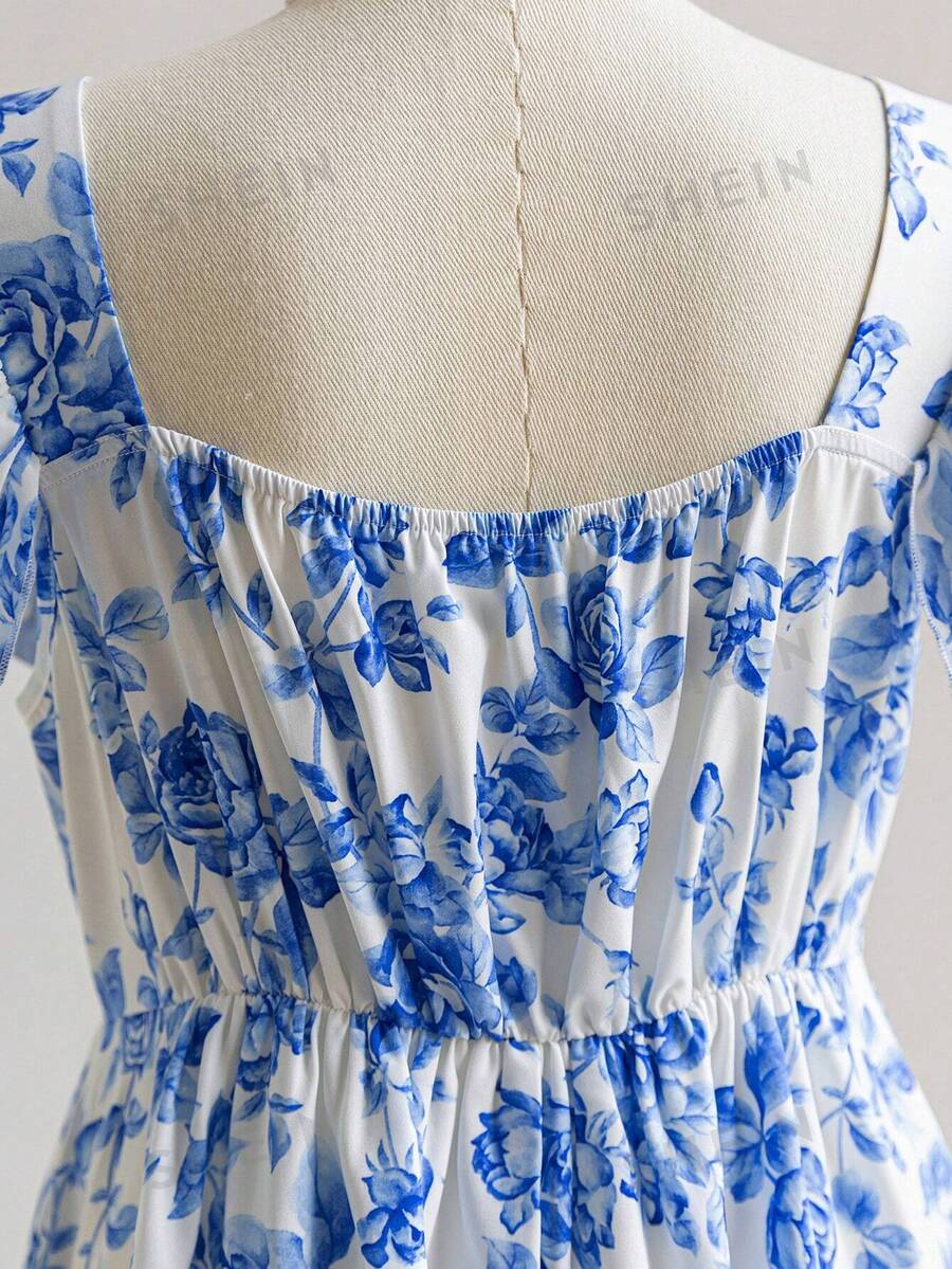 SHEIN WYWH Resort Style Blue And White Rose Print Plus Size Dress With ...