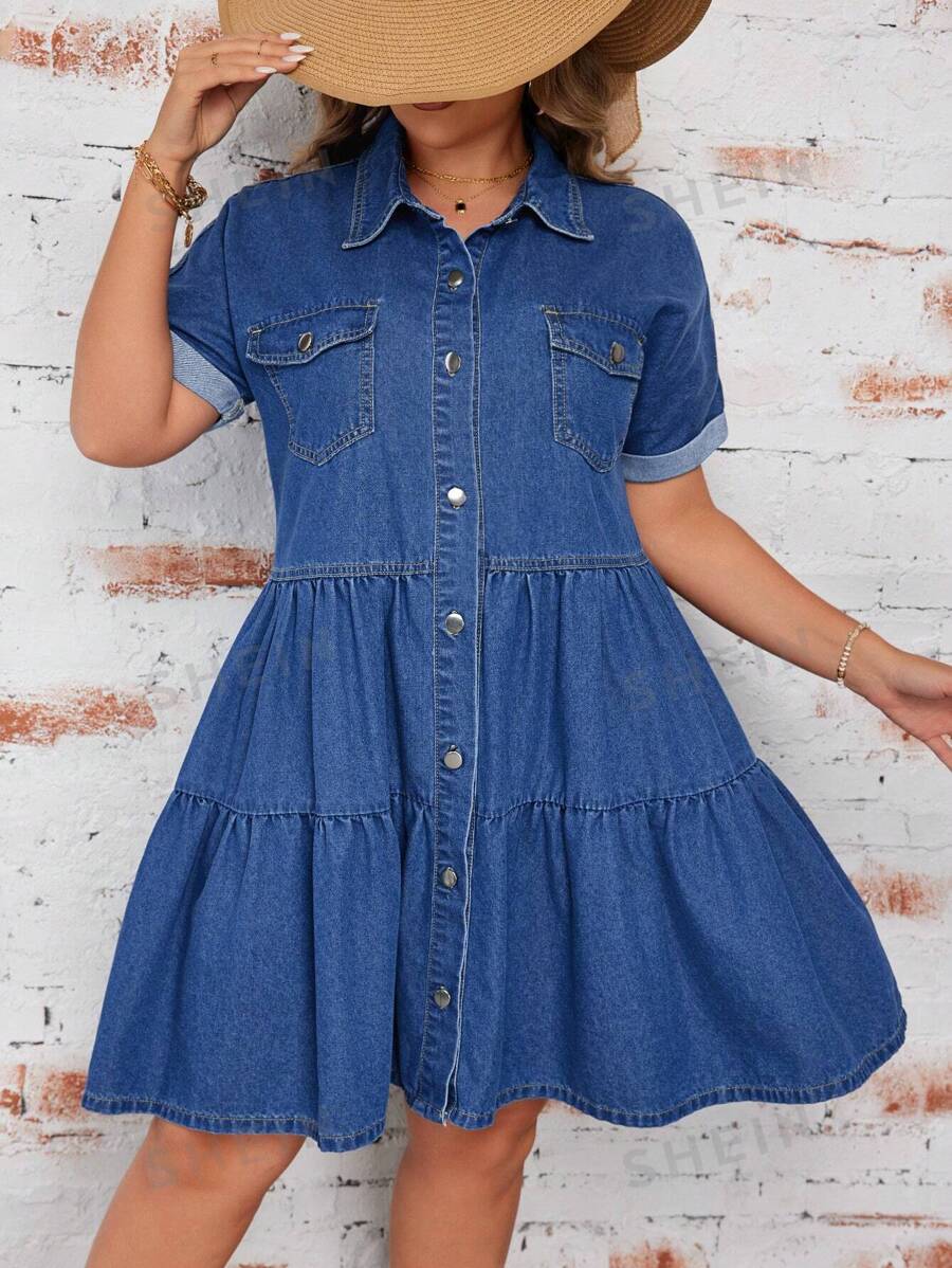 Shein Lune Plus Size Denim Pleated Dress Shein Usa