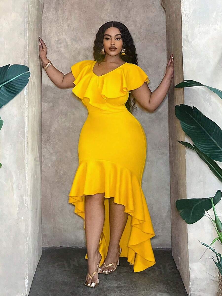 SHEIN Slayr Plus Size Elegant Clean Yellow Dress With Ruffle Collar And ...