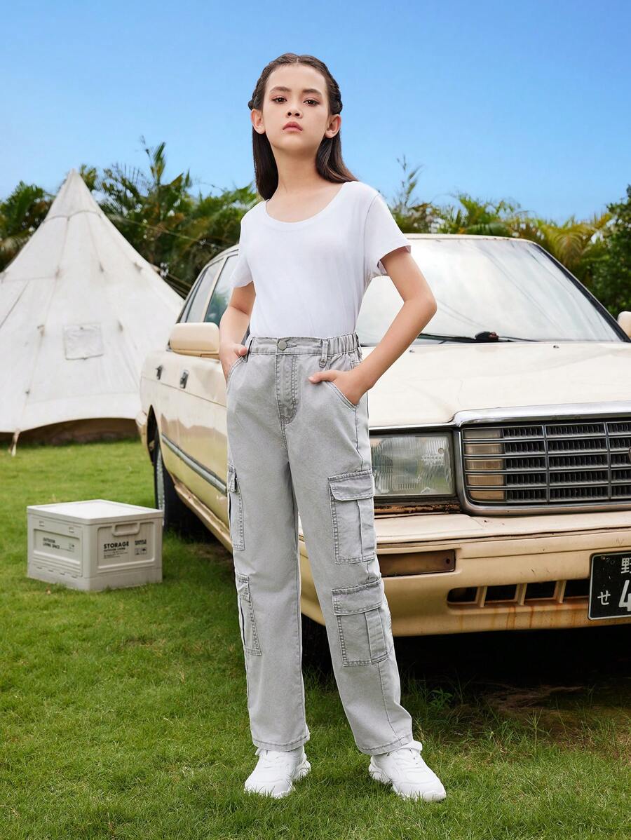 TWEEN GIRL Streetwear Cool Y2K Light Grey Cargo Straight Jeans With ...